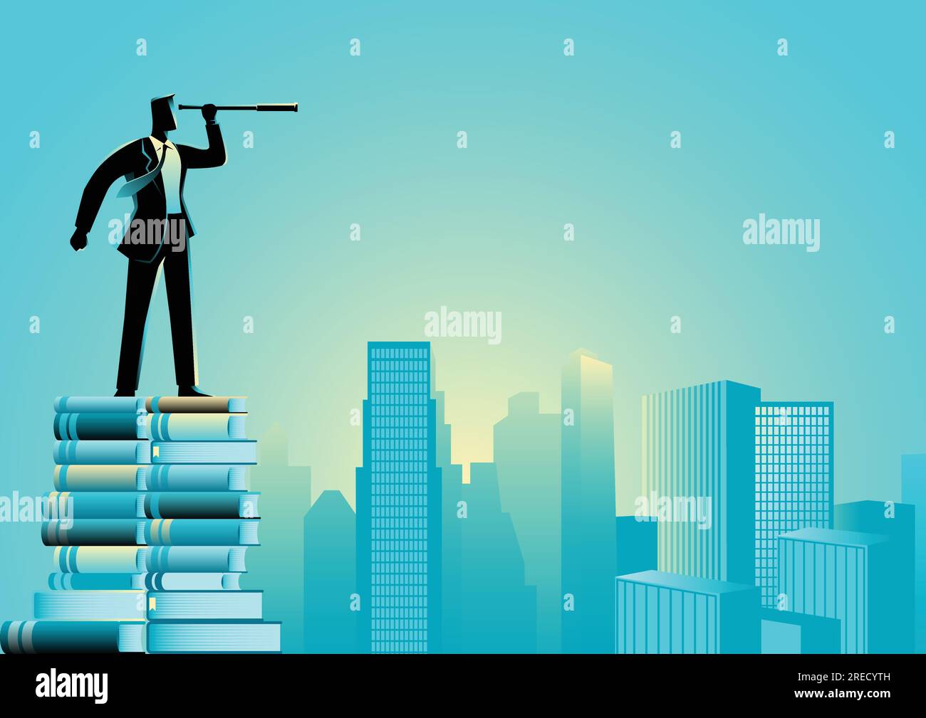 Business concept illustration of a businessman using telescope standing ...