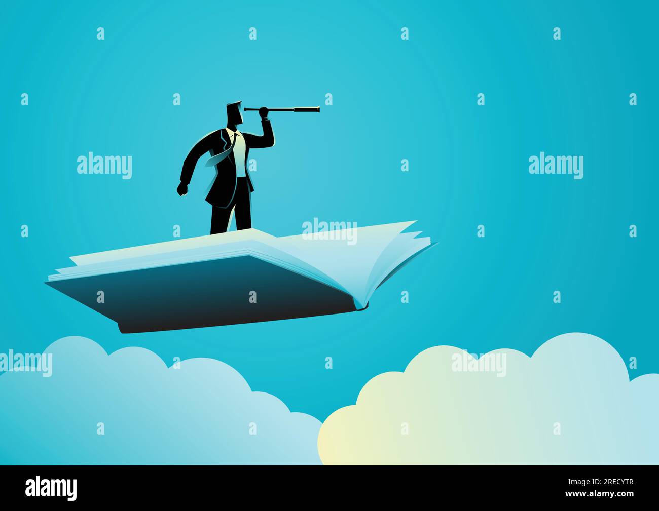 Business concept illustration of businessman using telescope on flying ...