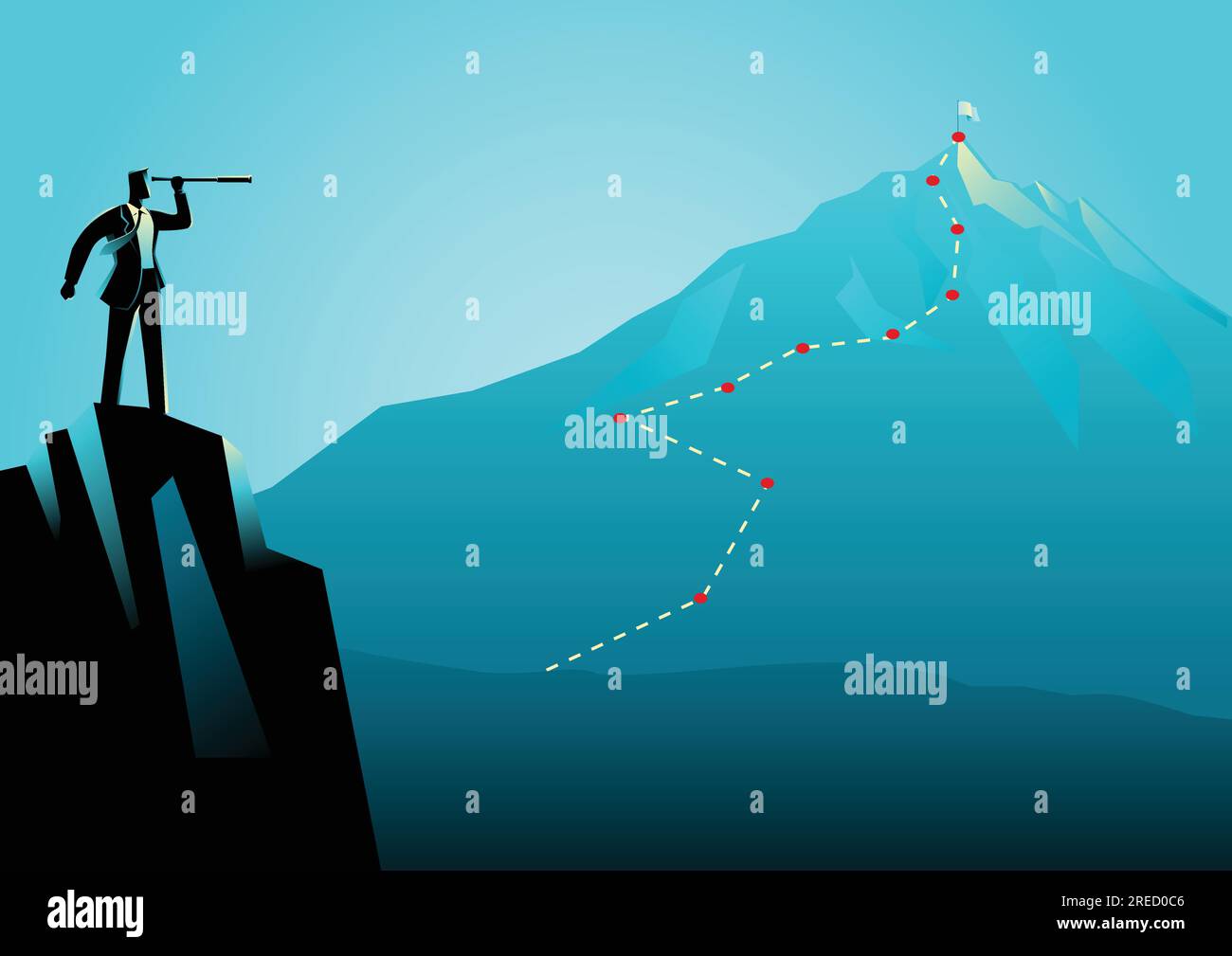 Business concept illustration of a businessman on top of the rock using ...