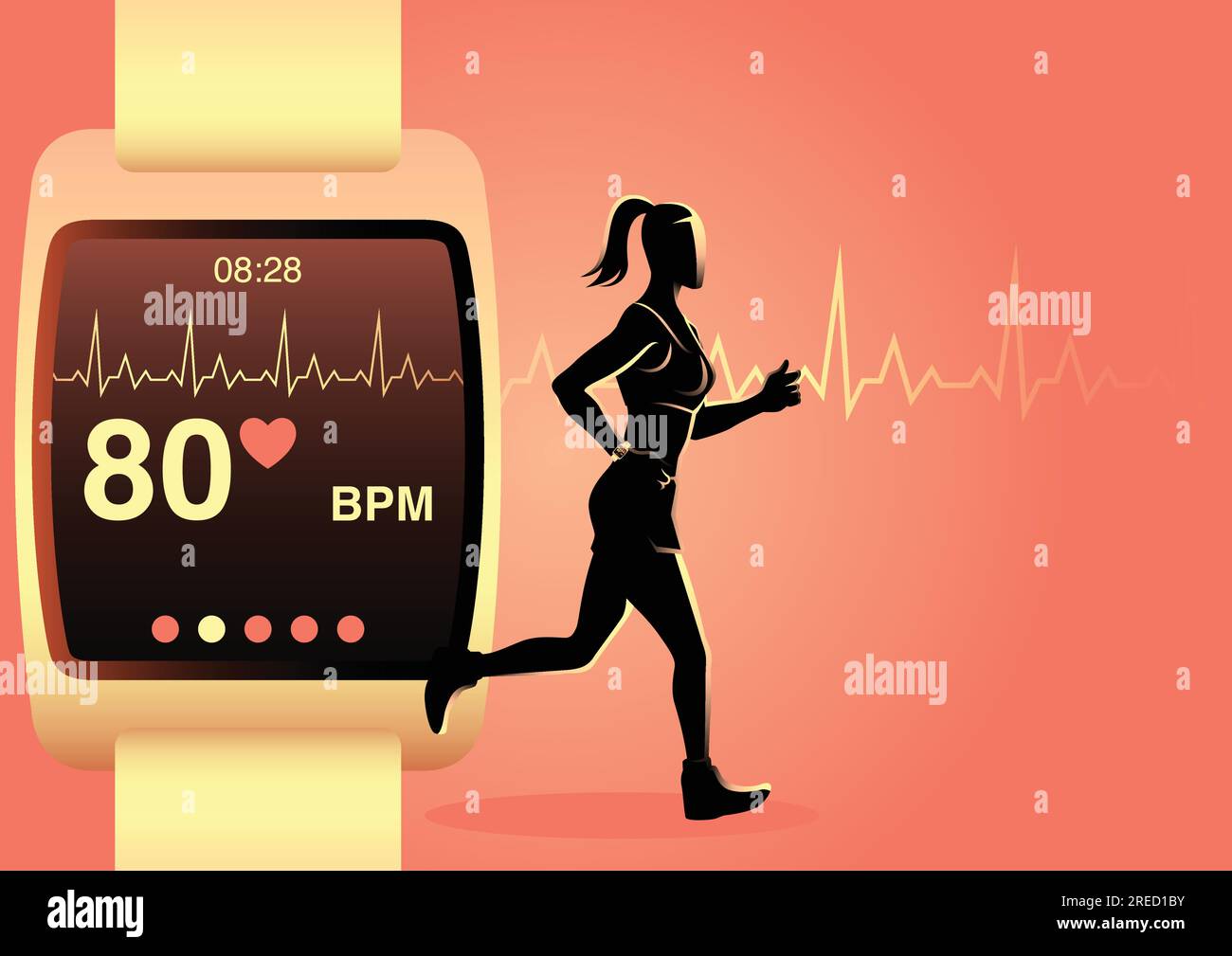Vector illustration of a woman jogging with smart watch as the ...
