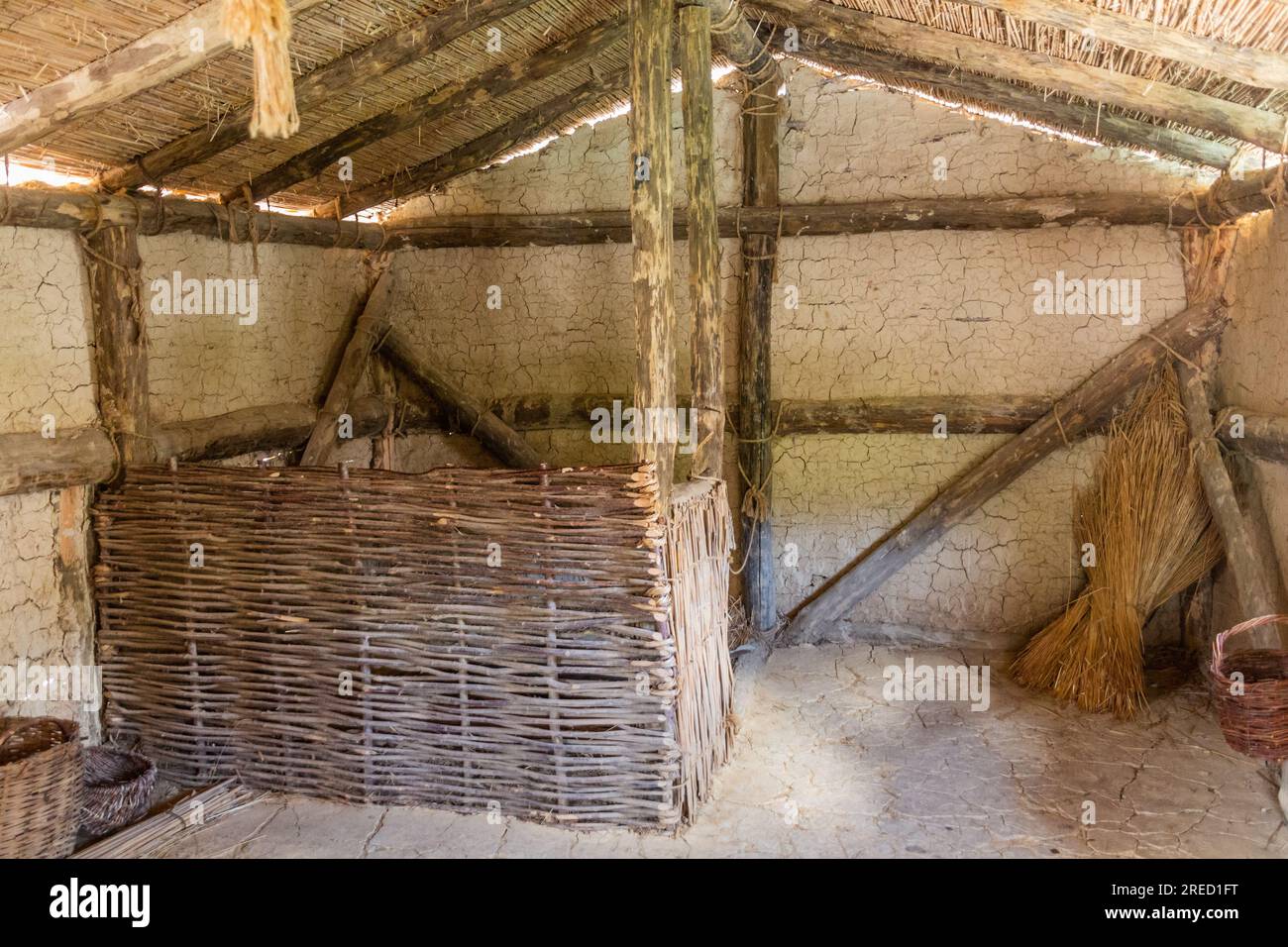 House at Bay of Bones, prehistoric pile-dwelling, recreation of a ...