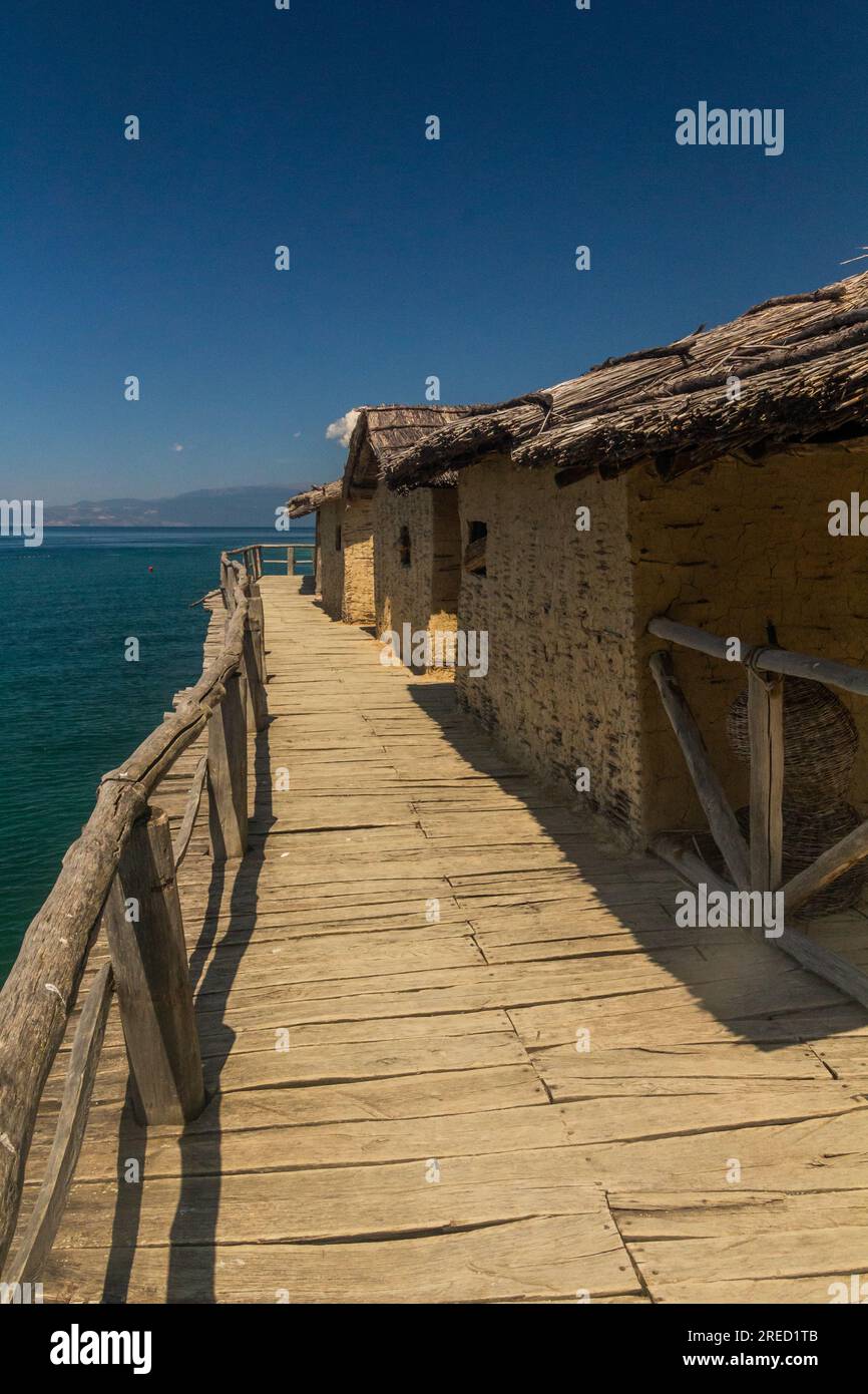Houses at Bay of Bones, prehistoric pile-dwelling, recreation of a ...