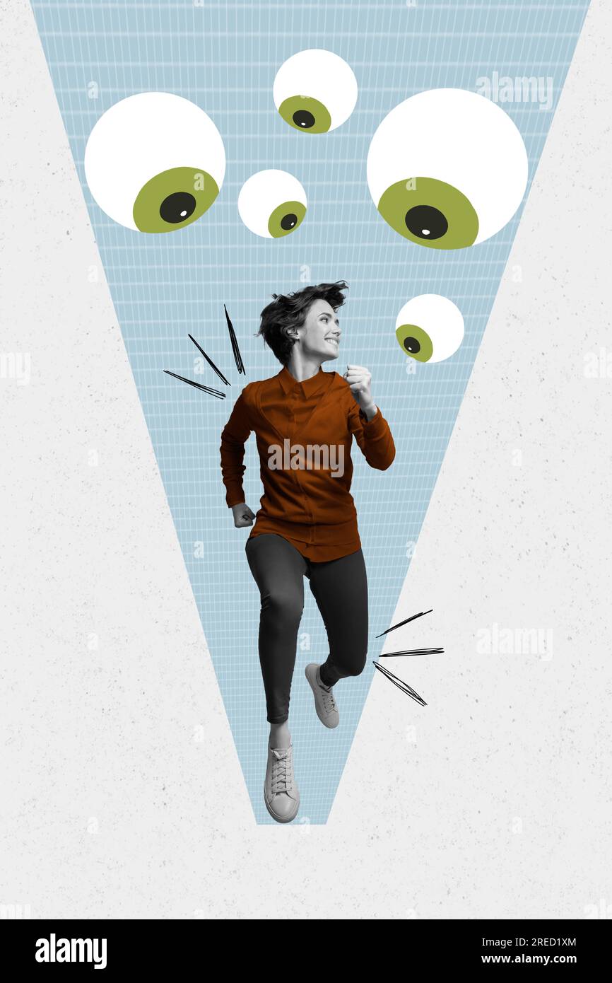 Collage funky young girl running eyeballs spying watching psychedelic ...