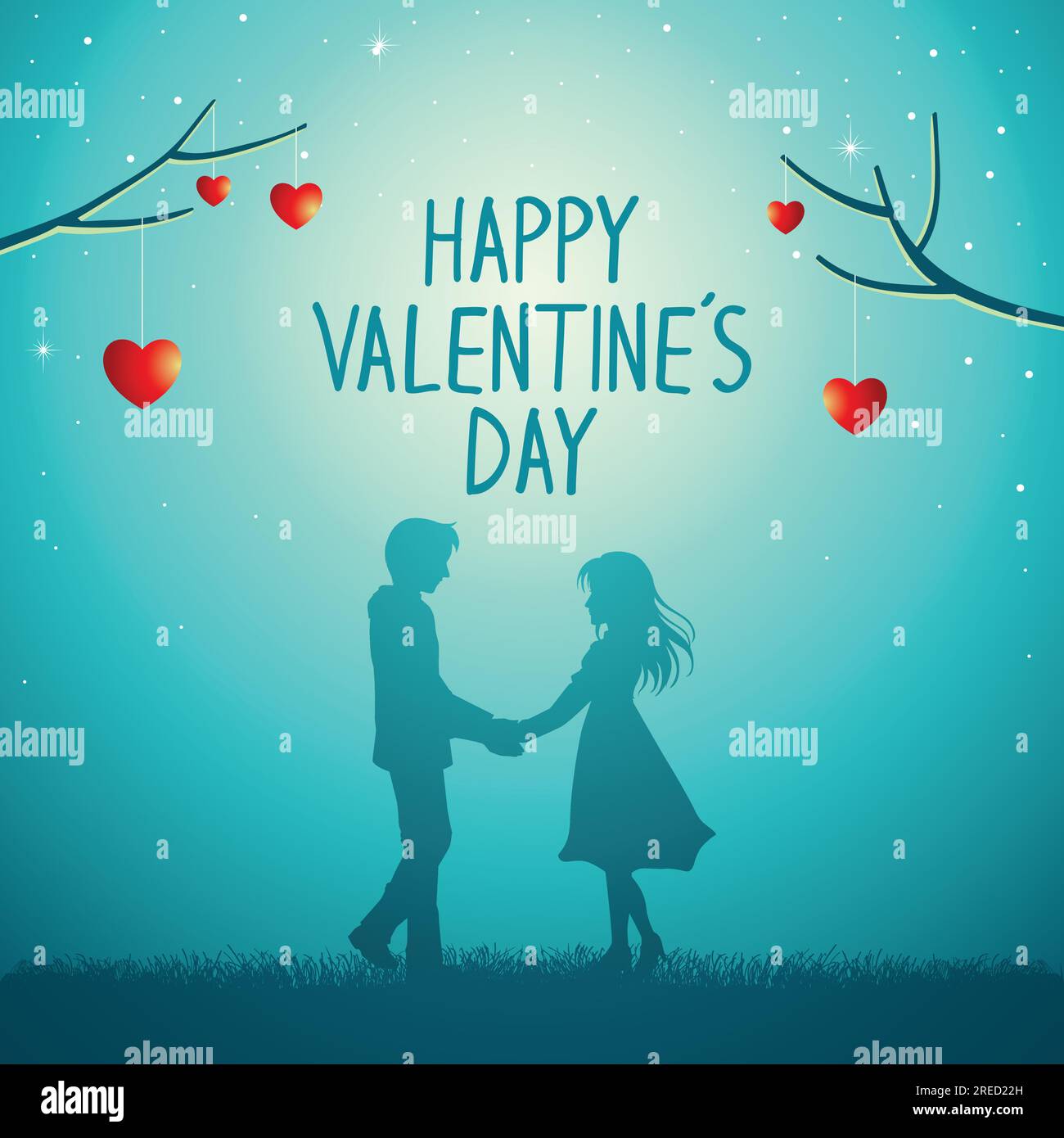 Silhouette illustration of young couple holding hands under the love ...