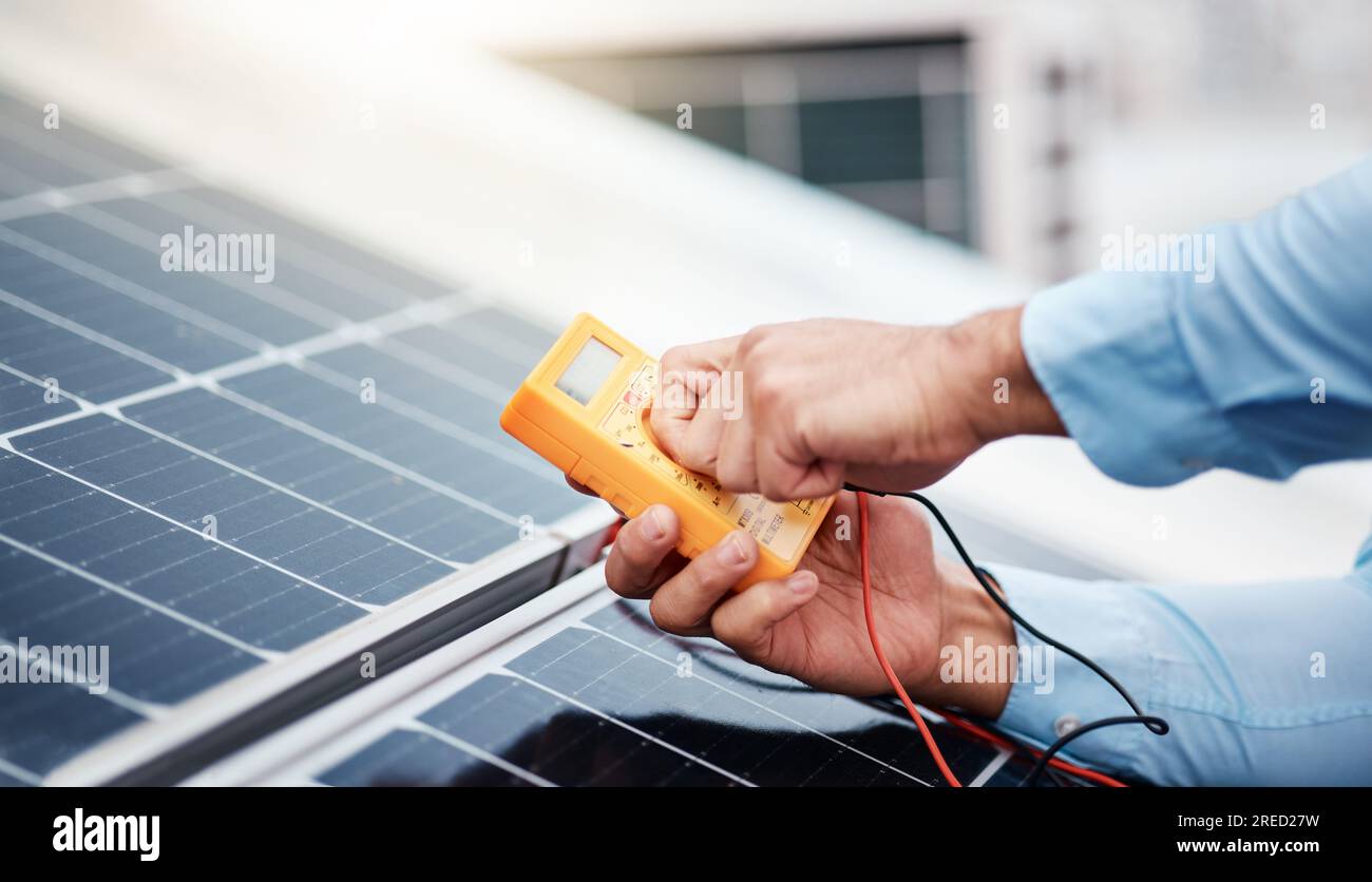 Solar panel, meter and engineering with hands of man for renewable ...
