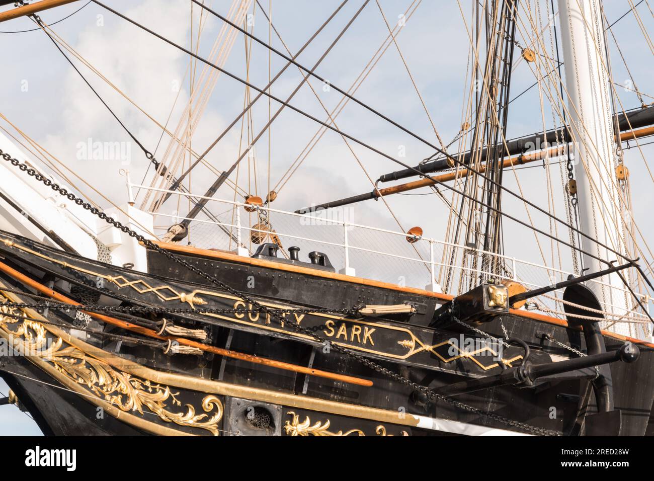 The bowsprit, rigging and ship's name on the magnificent Cutty Sark tea ...