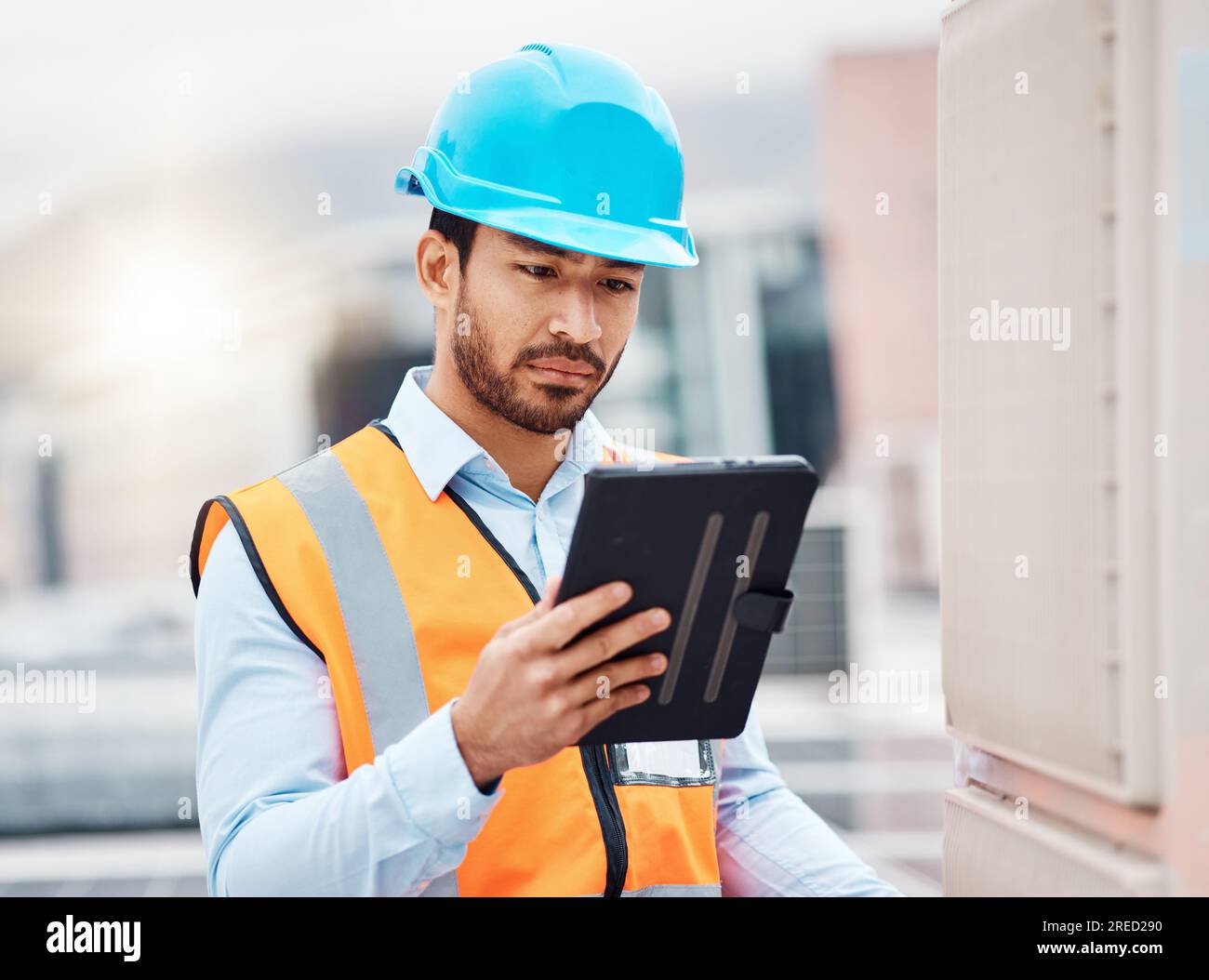 Tablet, engineering and man with air conditioner on roof for repair ...
