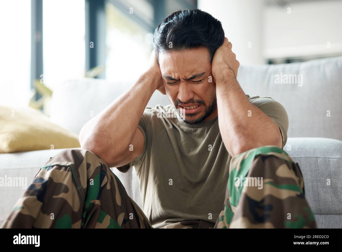 Soldier, man and stress, headache or PTSD of military trauma, remember ...