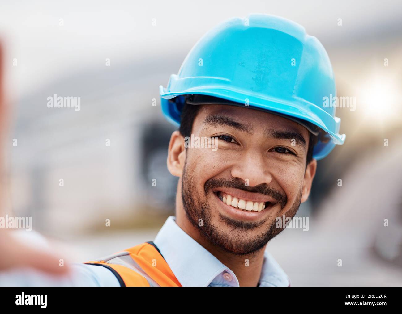 Construction worker, selfie and portrait with helmet outdoor of builder ...
