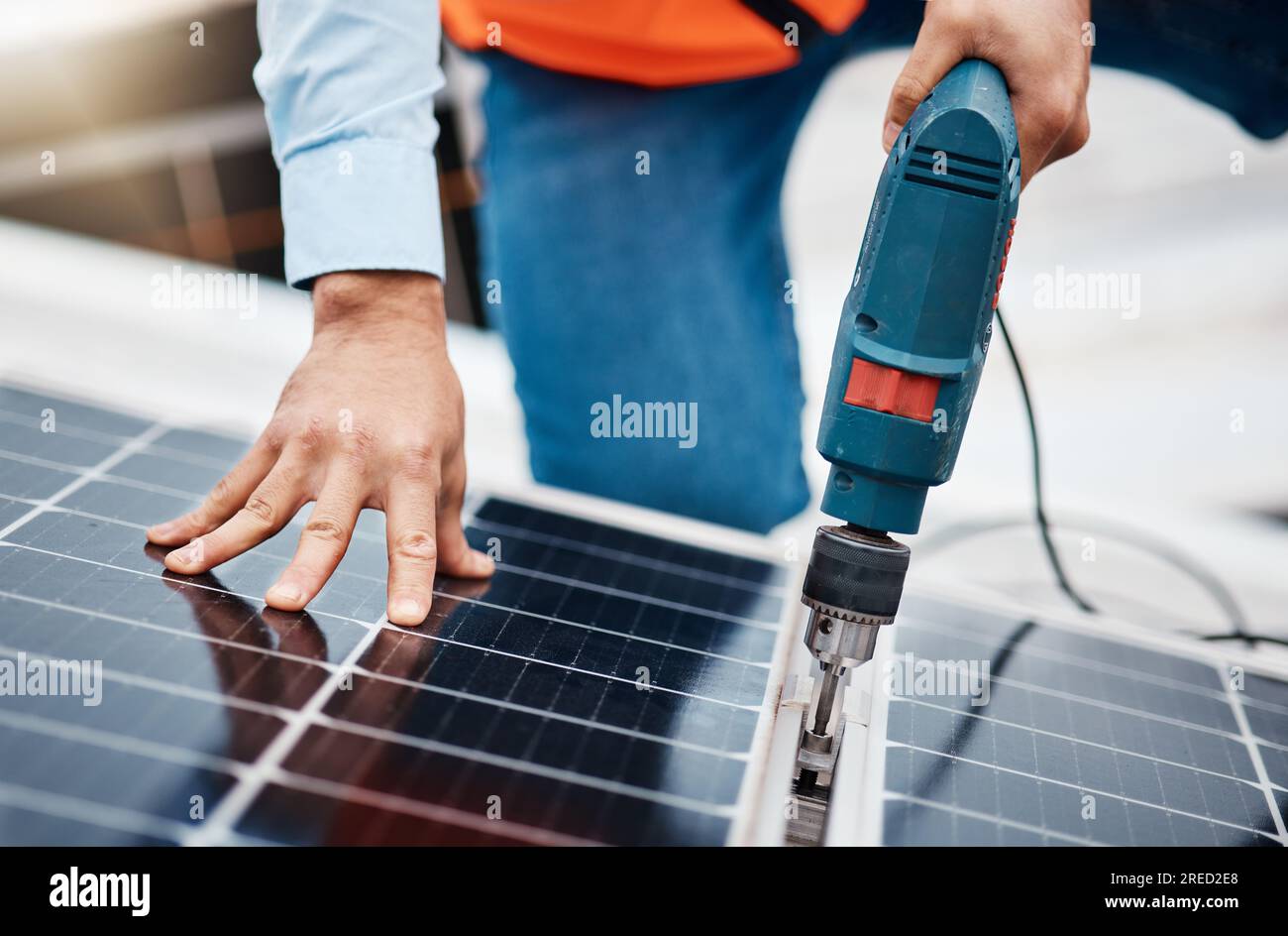 Solar panel, drill and engineering with hands of man for renewable ...