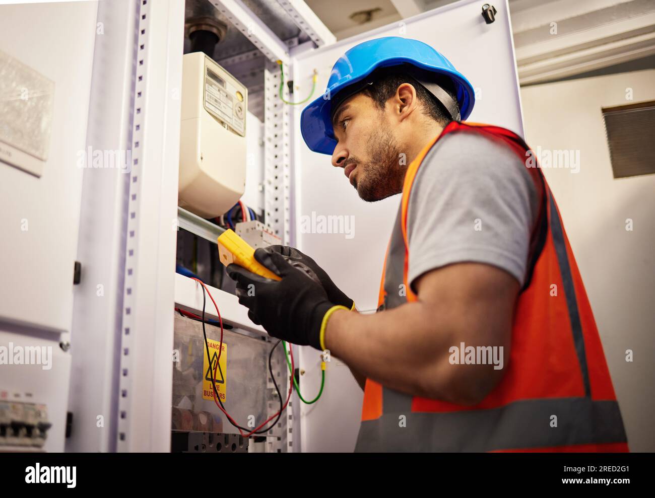 Electrician, engineering and inspection with man in control room for ...