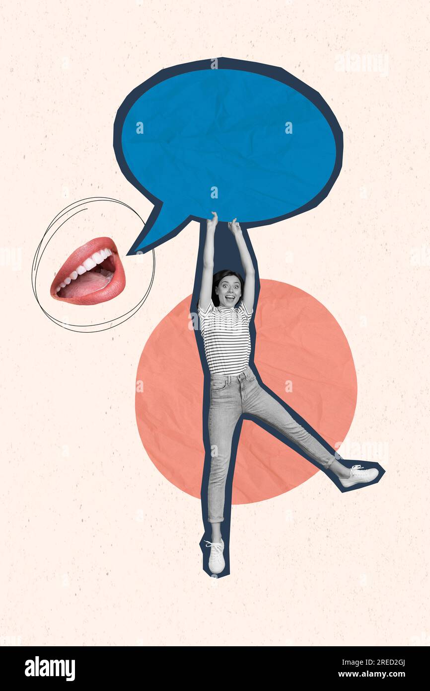 Full body photo collage of young girl hanging huge blue textbox empty ...
