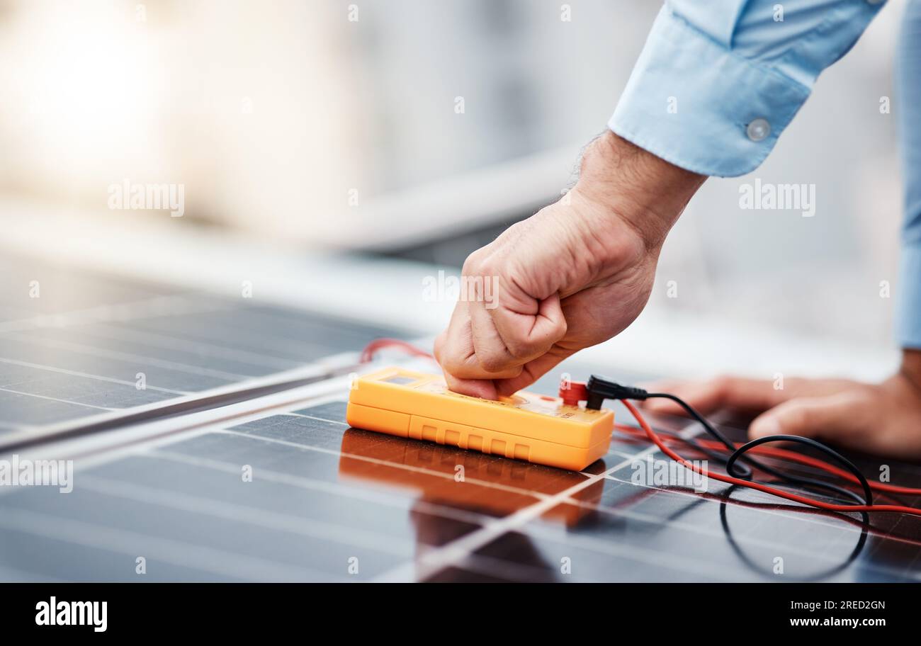 Solar panel, electricity and meter with hands of man for renewable ...