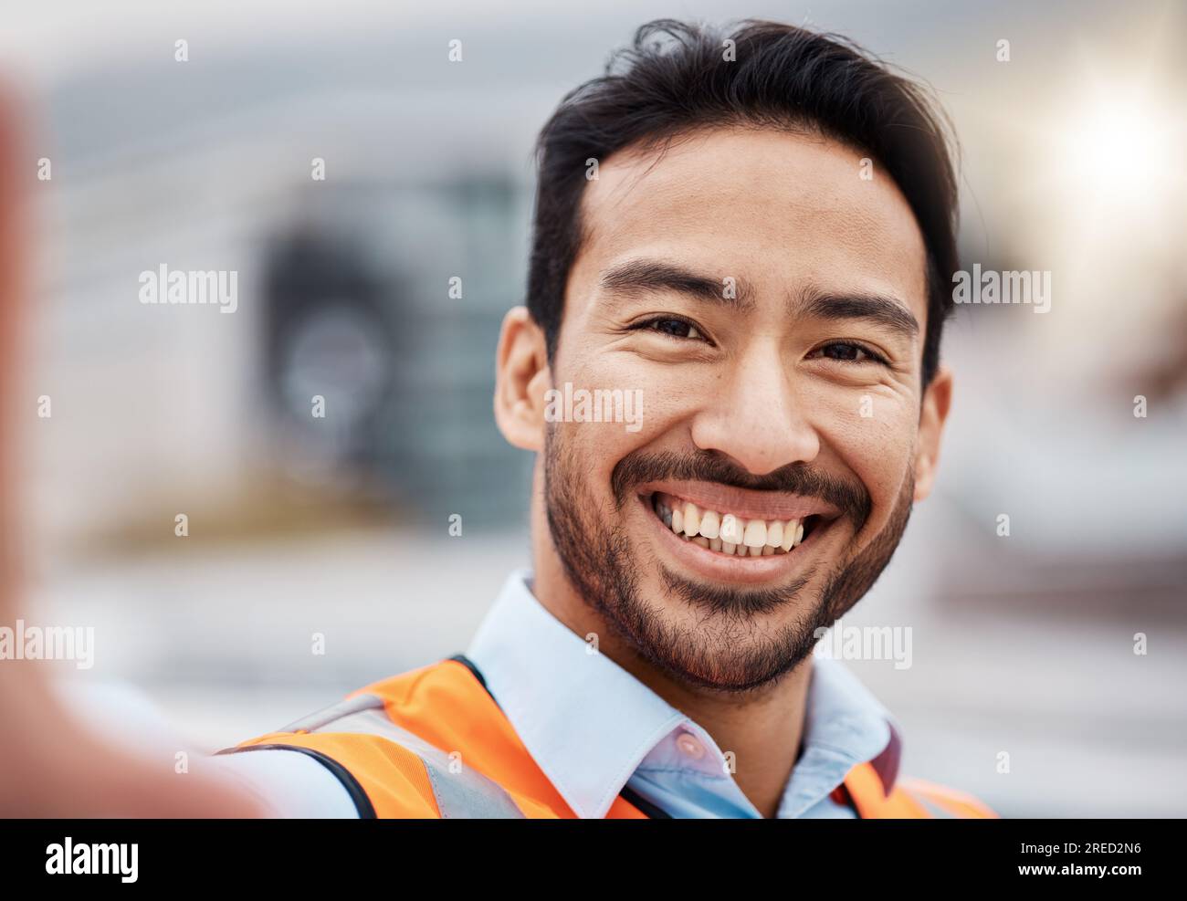 Construction worker, selfie and portrait with smile outdoor of builder ...