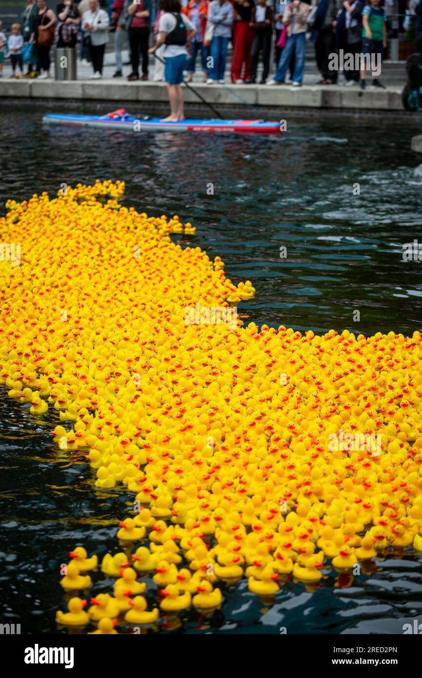 London, UK. 27 July 2023. The public watches one thousand ducks in a ...