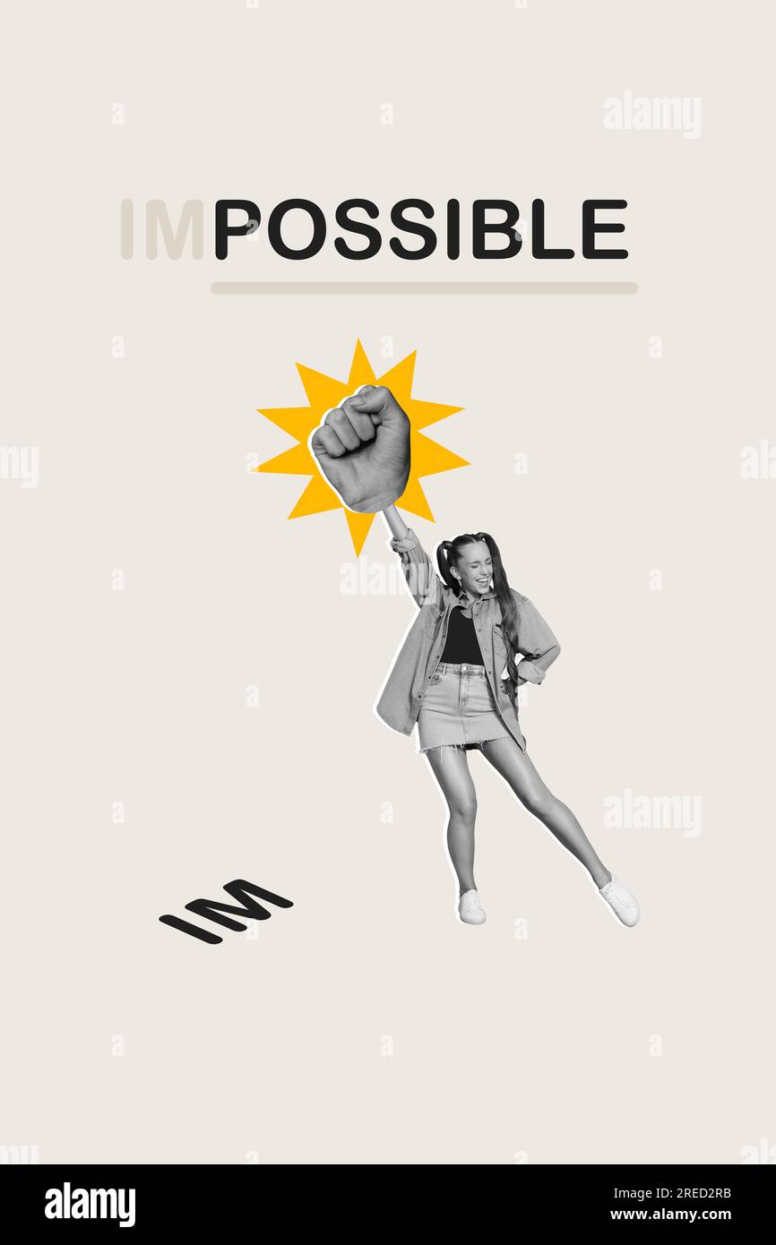 Vertical collage image of black white effect girl huge fist punch hit ...