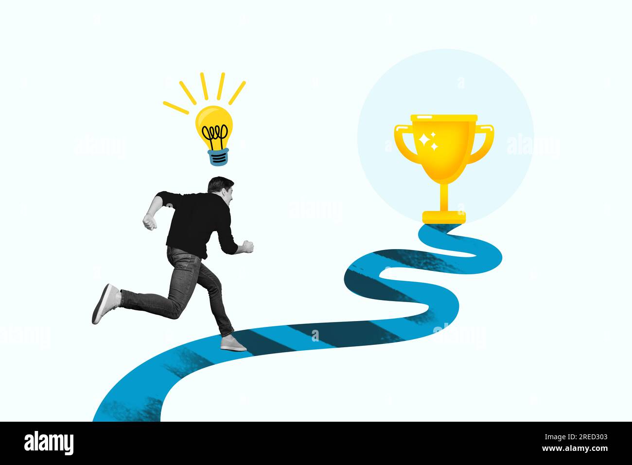 Artwork collage of black white colors guy light bulb above head hurry ...