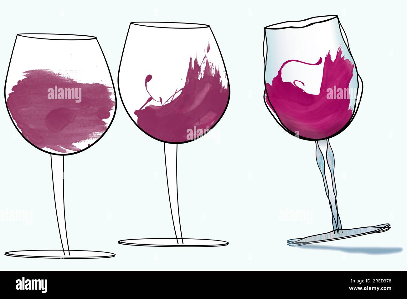 Red wine in a glass is seen in 3 versions in watercolored drawings in ...