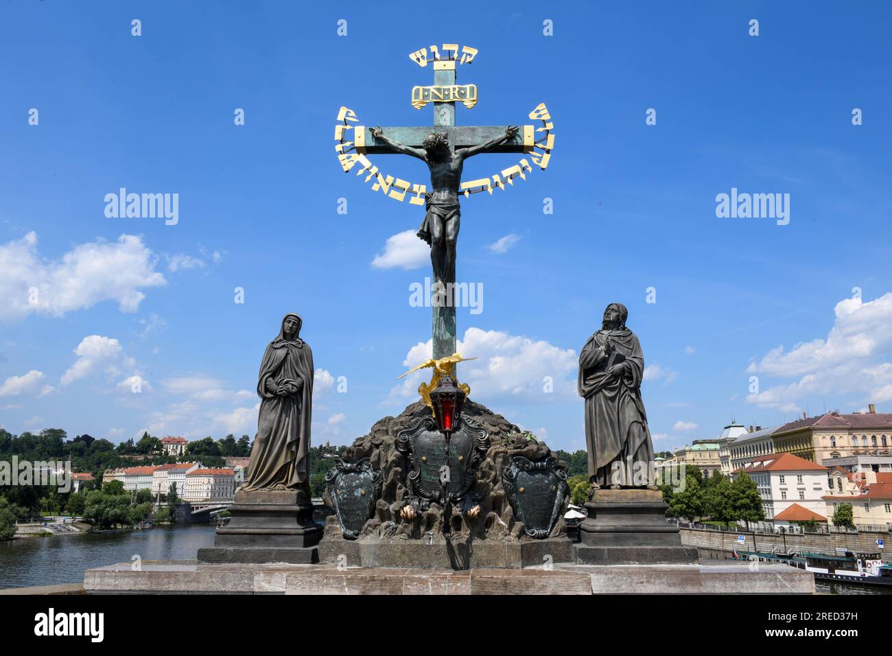 Prague, Czech republic - 25 June 2023: cross on Charles bridge at ...