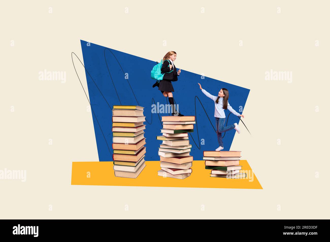 Creative collage of two excited mini kids rucksack uniform stand dance ...