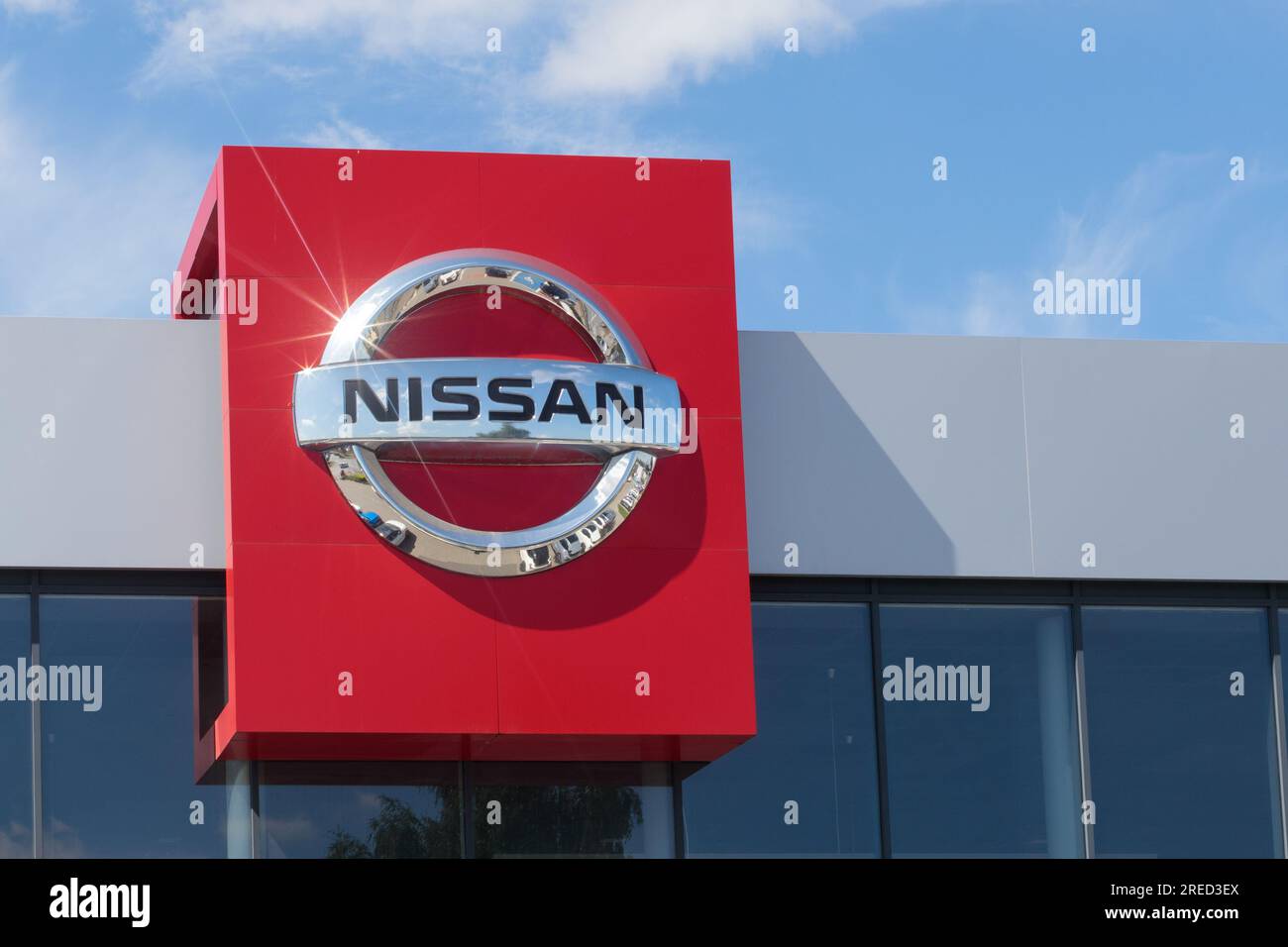 Poland, Przezmierowo - July 27, 2023: A large Nissan dealership sign ...
