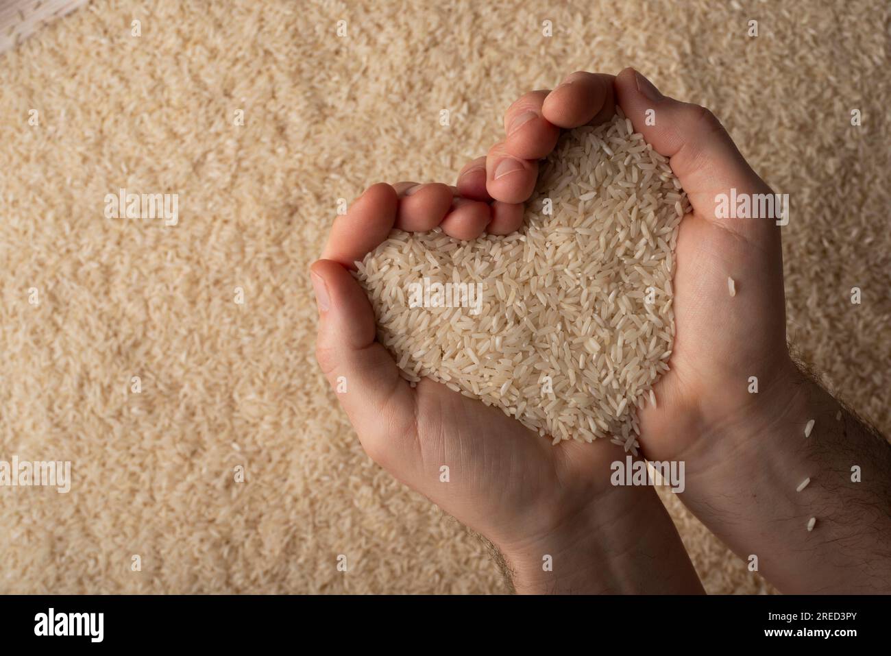 Human hands in shape of heart holding handful of rice on rice ...