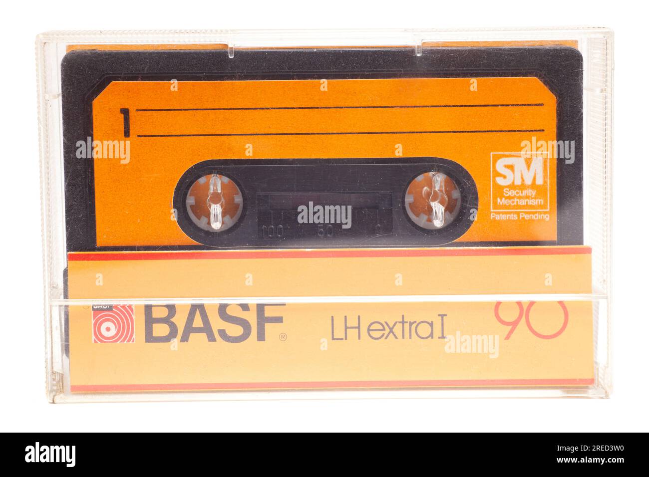 Close up of vintage audio tape cassette BASF LH Extra I 90, side 1 in ...