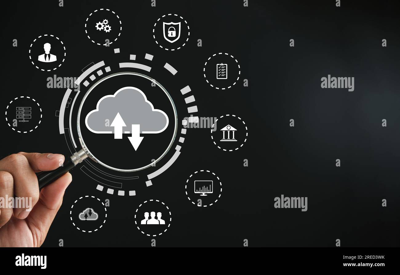 Focus on cloud big data through a magnifier glass Stock Photo - Alamy