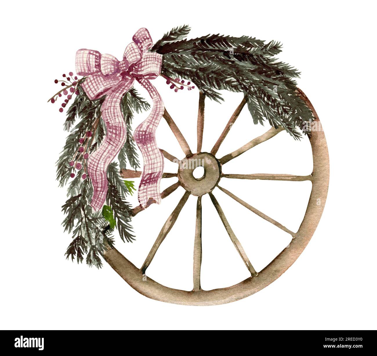 Wooden weel with fir branches. Watercolor hand drawn illustration for ...