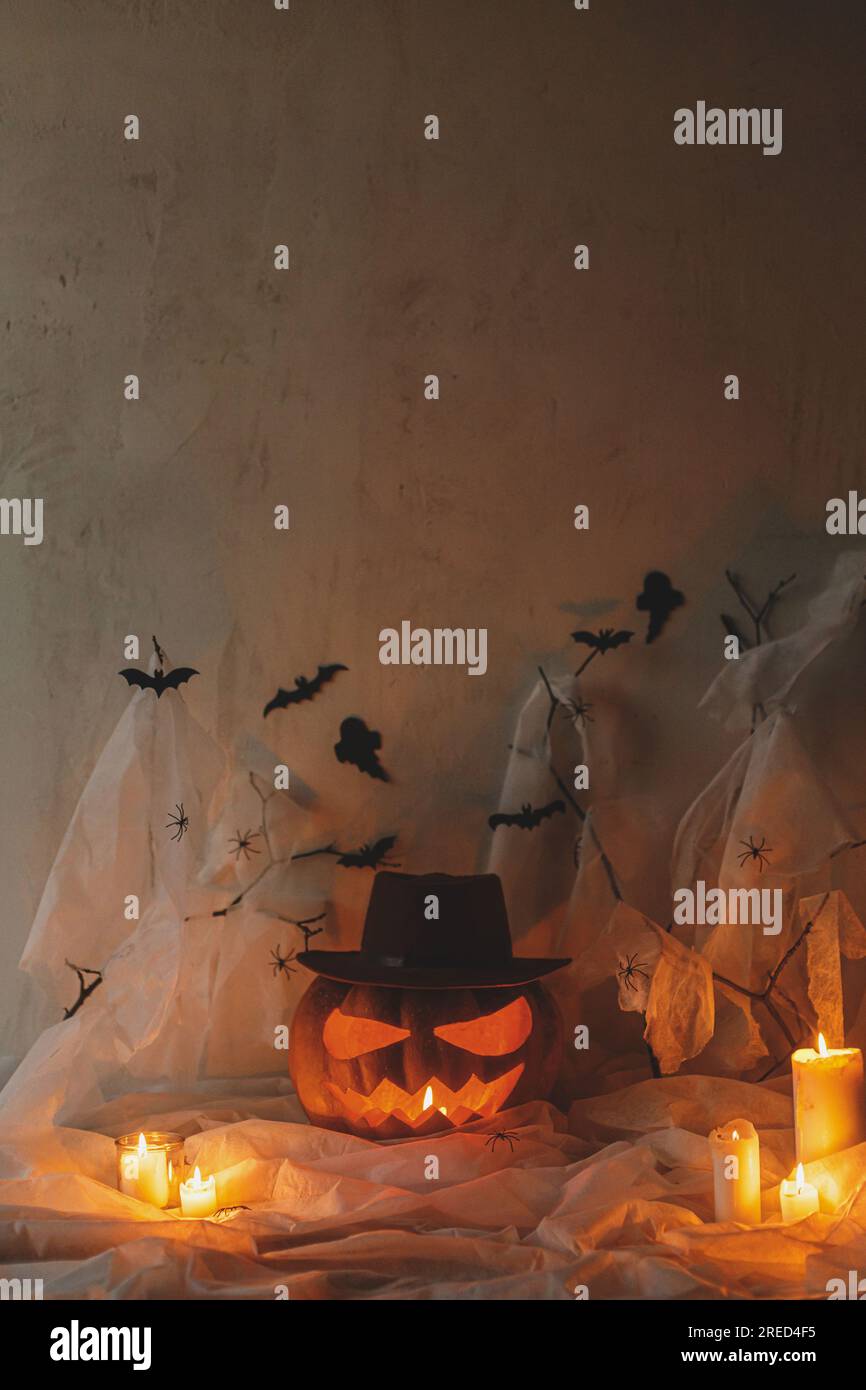 Spooky Jack o lantern carved pumpkin, spider web, ghost, bats and ...