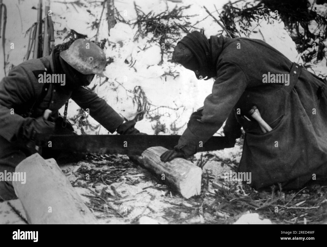 German soldiers cutting lumber for the construction of their bunker ...