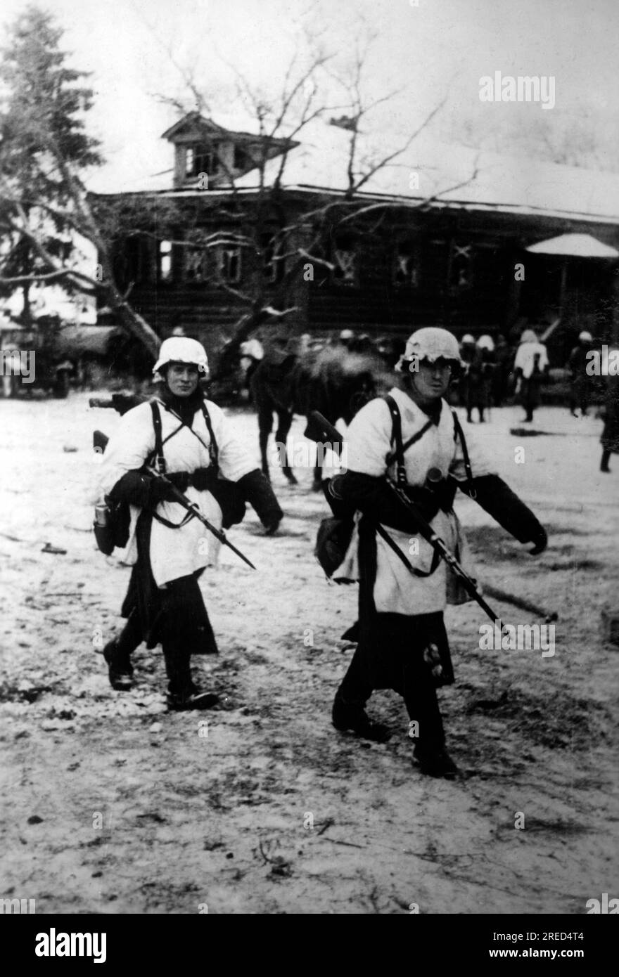 German soldiers in a village in the Istra area on the front line before ...