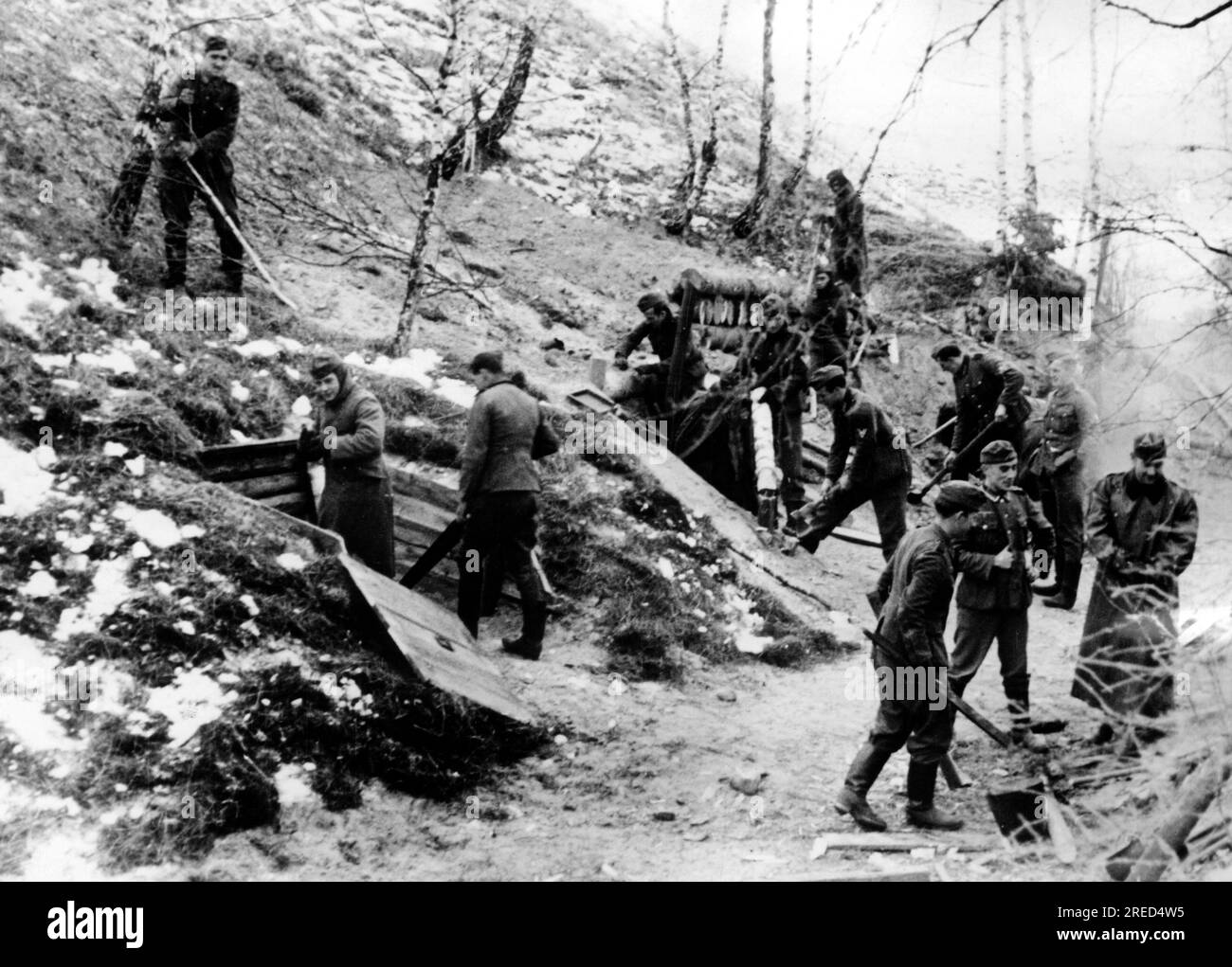 German soldiers building bunkers in the central section of the Eastern ...