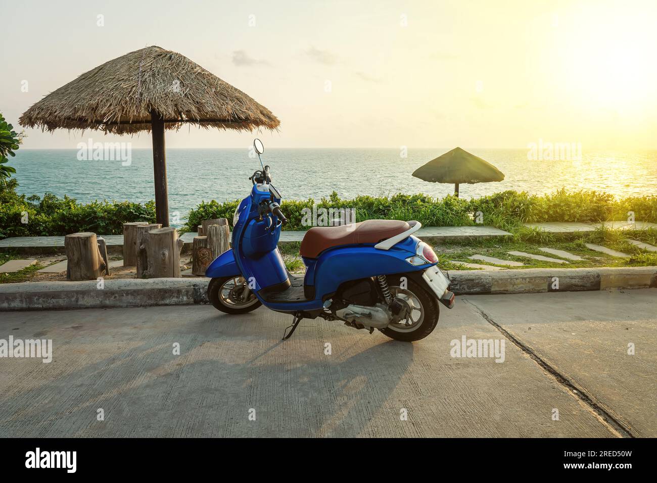 Island, Thailand. Coastal Bike Tour. Scooters parked on the seashore. Beautiful landscape ...