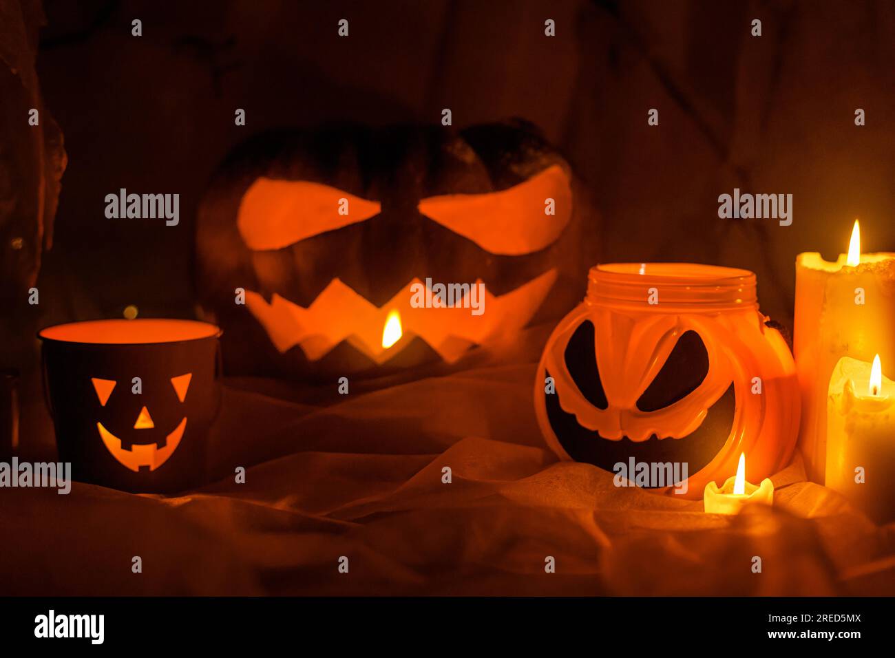 Happy Halloween! Spooky Jack o lantern carved pumpkin, spider web ...