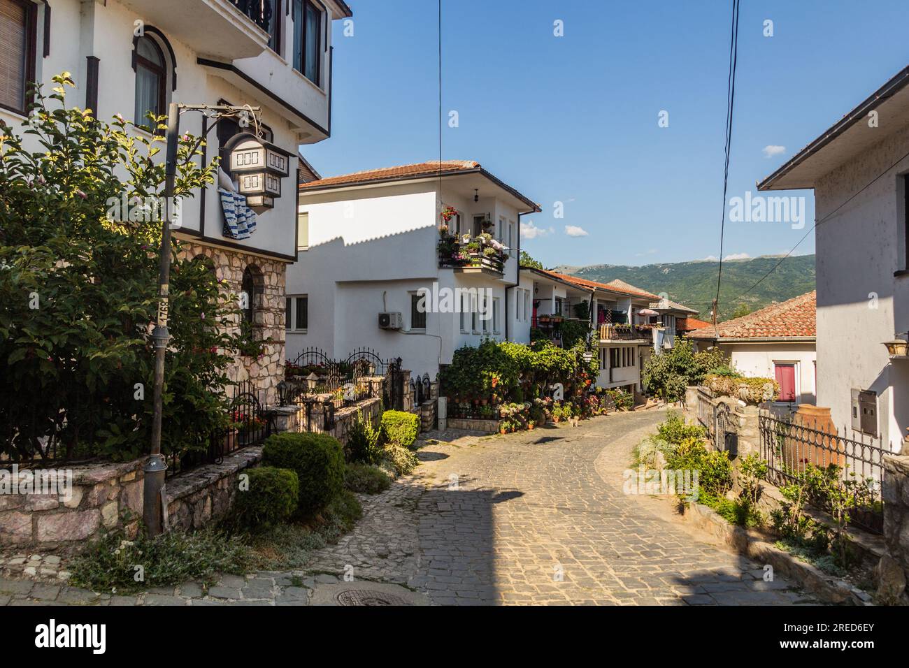 View of a street in Ohrid town, North Macedonia Stock Photo - Alamy