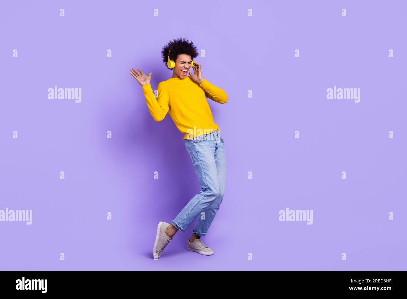 Full body size view cadre of careless freedom young guy dancing touch ...