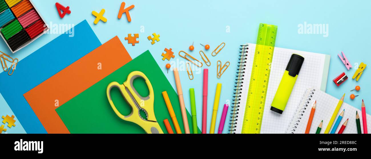 Back to school. Panoramic education banner. Top view, flat lay ...
