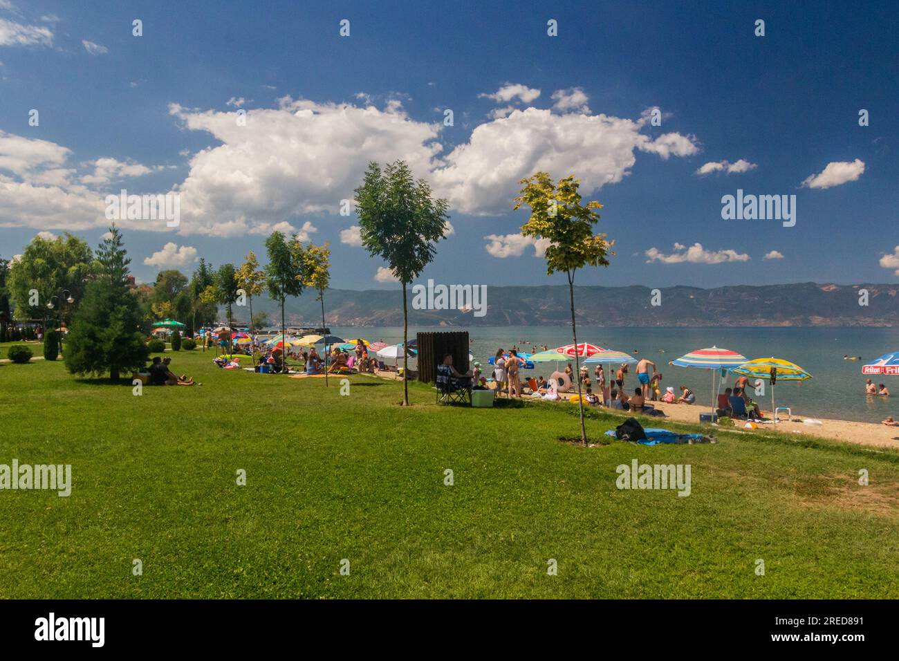 OHRID, NORTH MACEDONIA - AUGUST 8, 2019: Beach at Sveti Naum an Lake ...