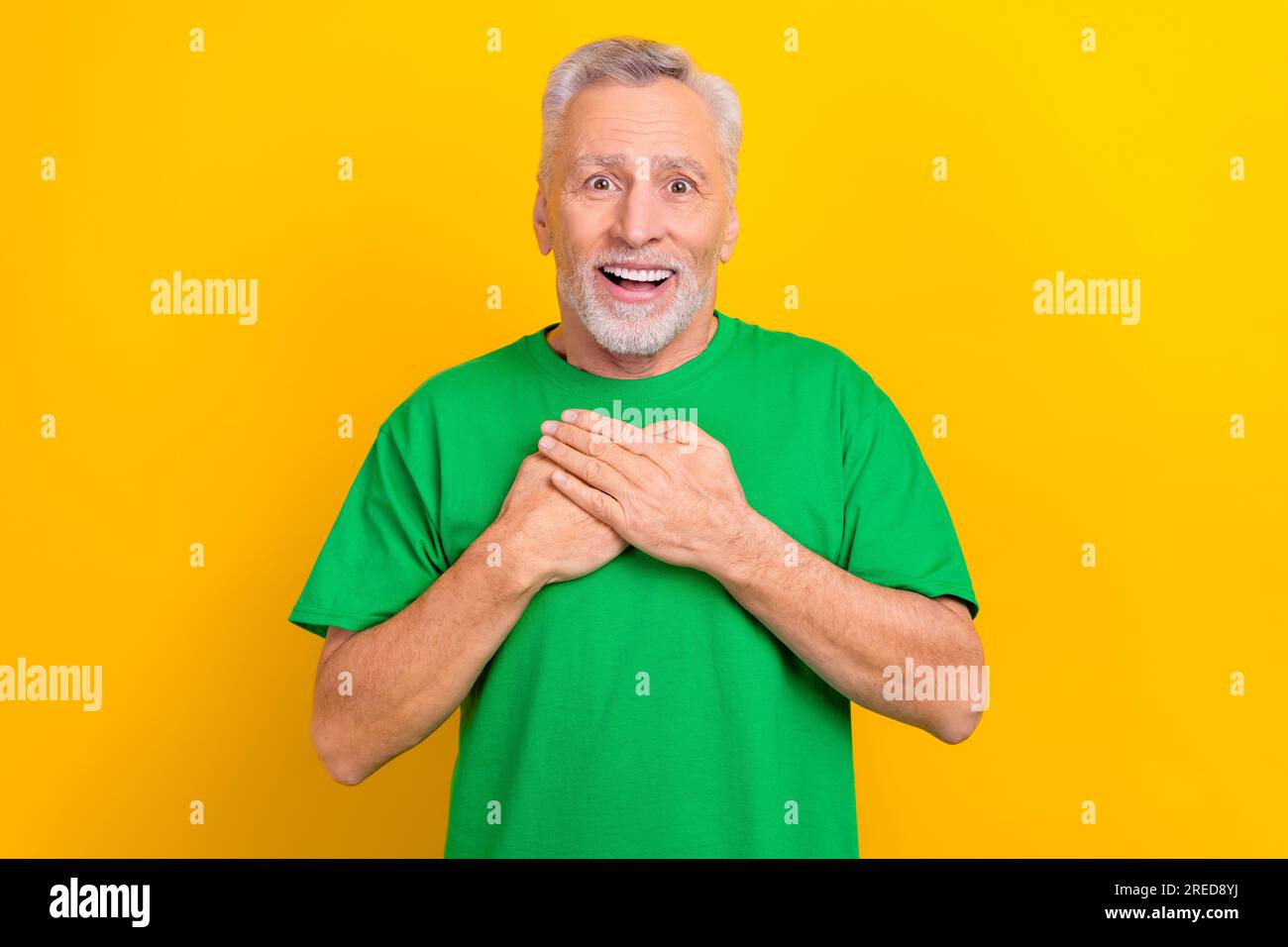 Portrait of impressed funky aged person arms touch chest open mouth ...