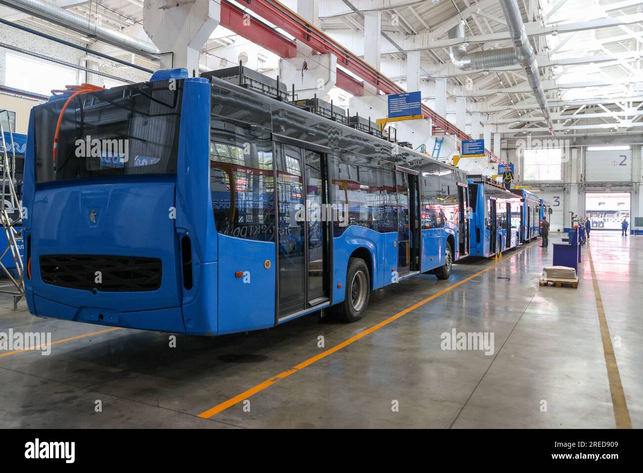 July 27. 2023. Russia. Moscow. Assembly of electric buses in the ...