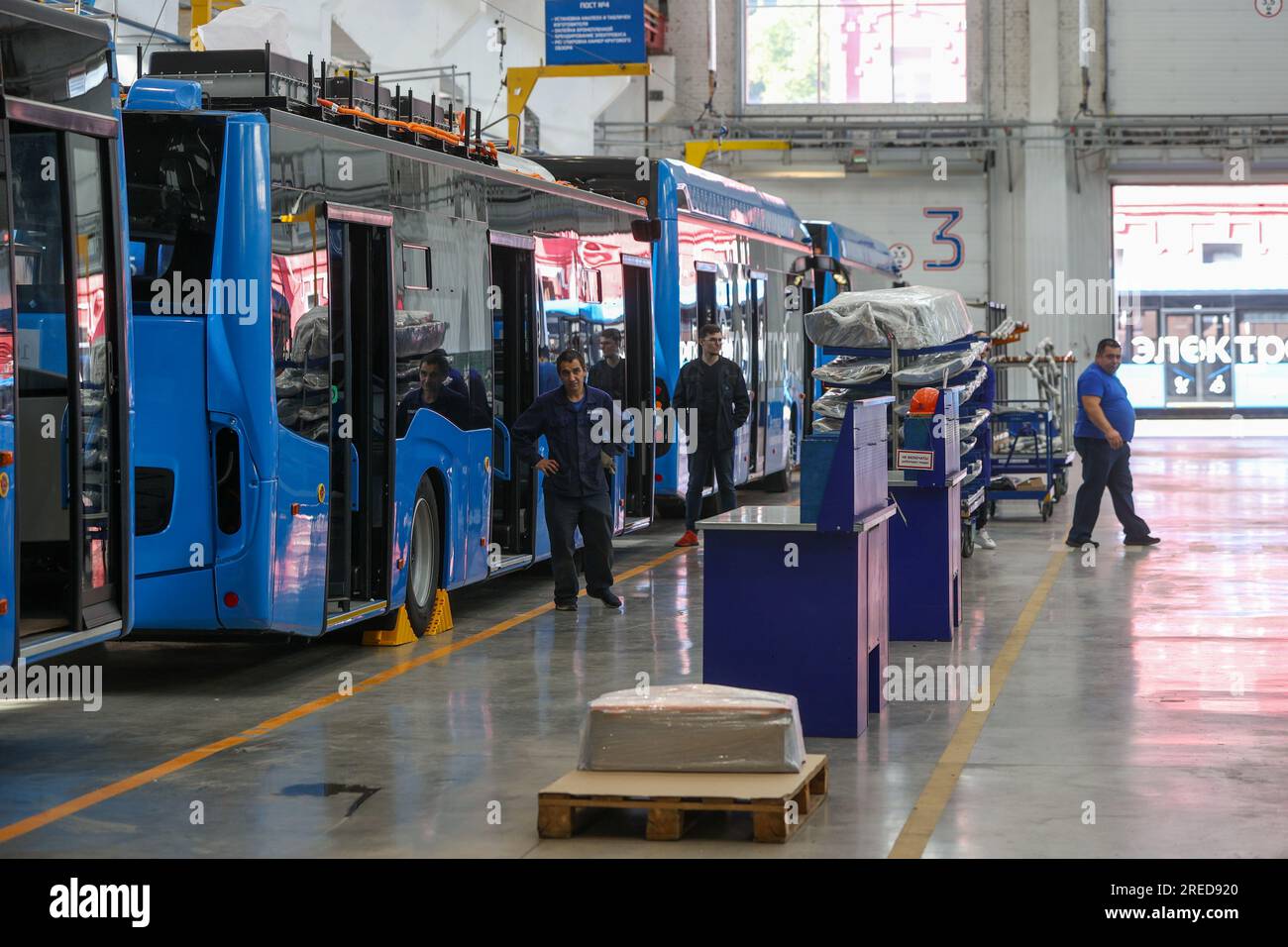 July 27. 2023. Russia. Moscow. Assembly of electric buses in the ...
