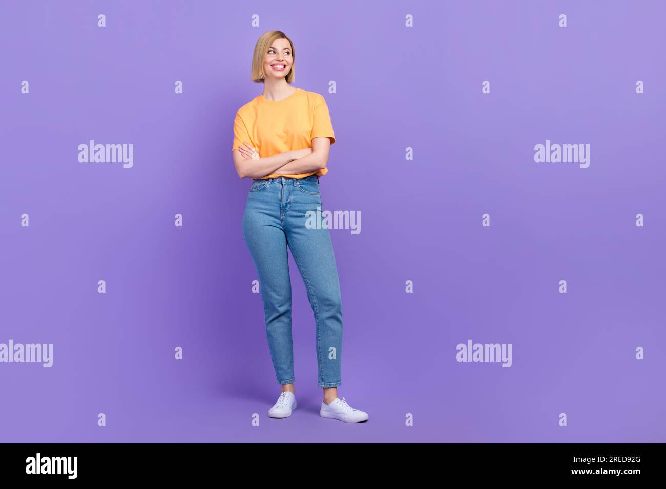 Full body size portrait of young confident agent girl look empty space ...