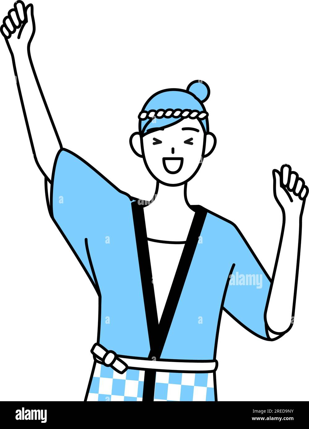 Woman wearing Happi coat for summer festivals smiling and jumping ...