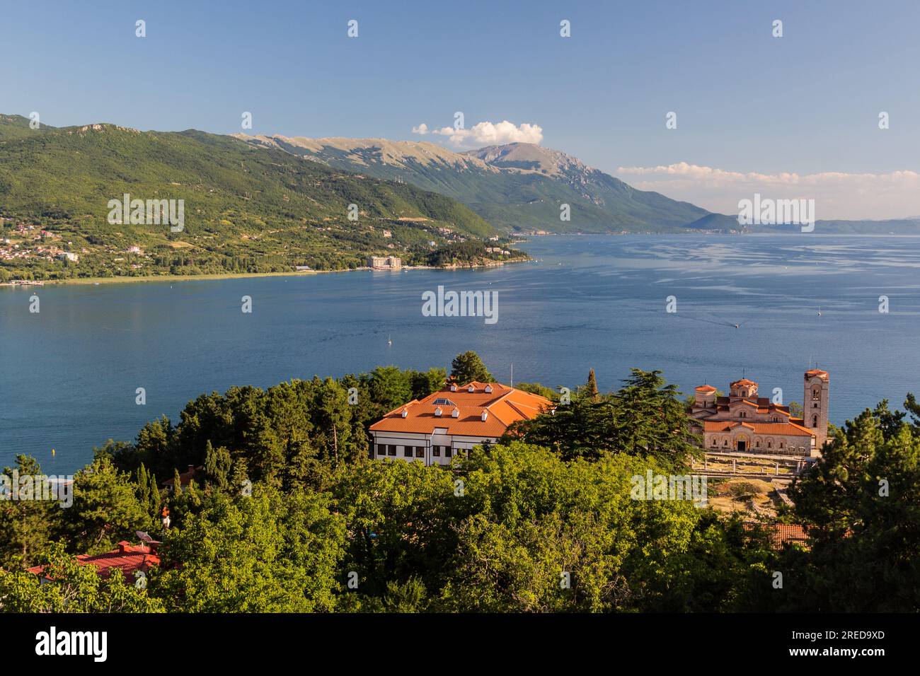 View of Ohrid lake from Ohrid town with the Church of St. John at Kaneo ...