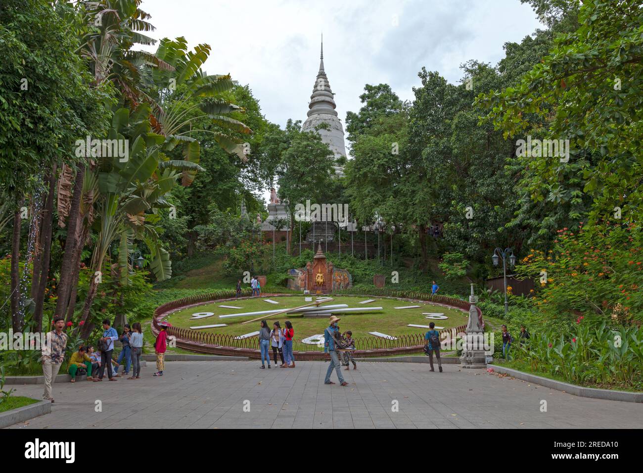 Phnom Penh, Cambodia - August 26 2018: View of Wat Phnom with a garden ...
