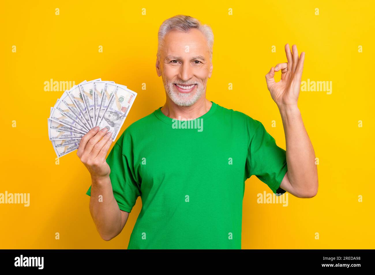Portrait of cheerful grandfather beaming smile arm hold dollar bills ...