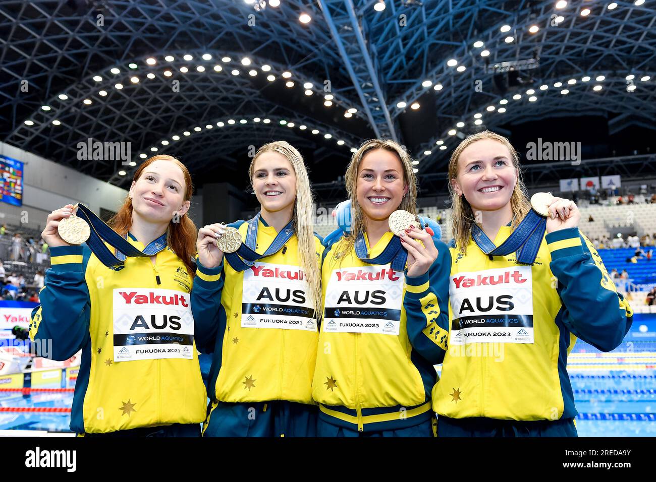 Fukuoka, Japan. 27th July, 2023. Team Australia show the gold medals after competing in the ...
