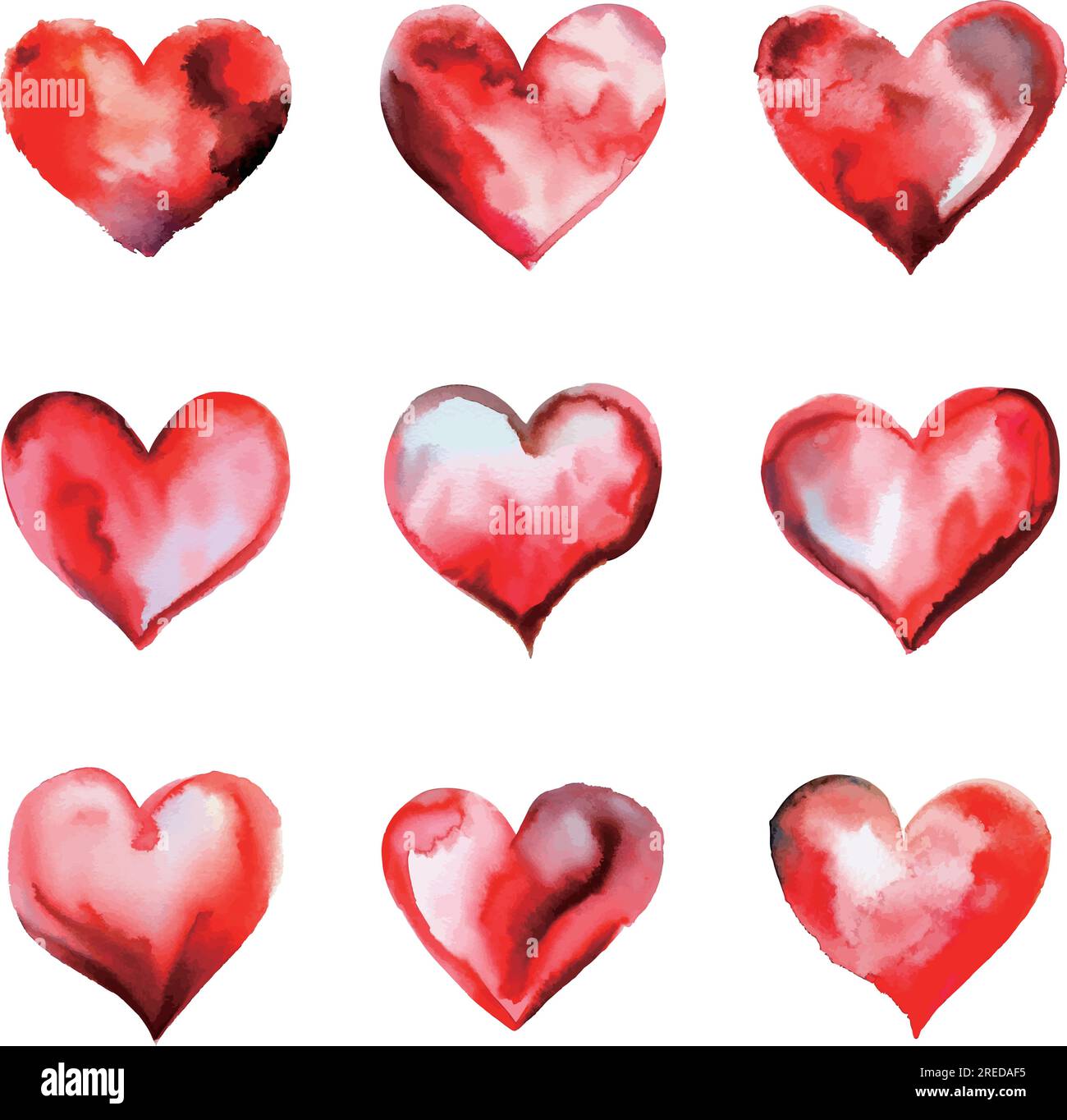 Set of red watercolor hearts for Valentine's day on white background ...