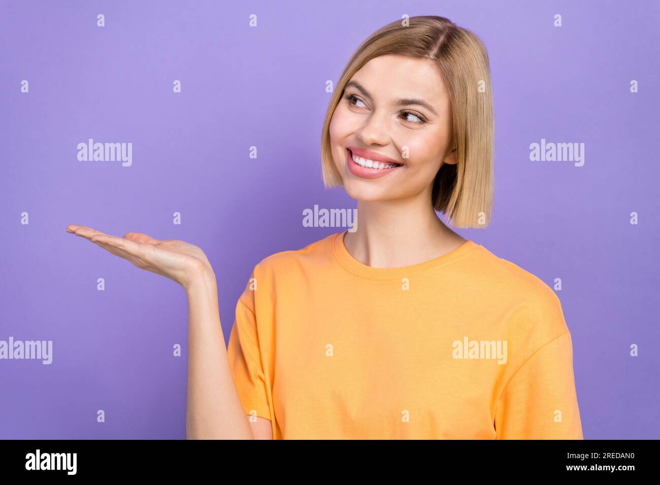 Photo of toothy beaming girl with bob hairstyle dressed yellow t-shirt ...
